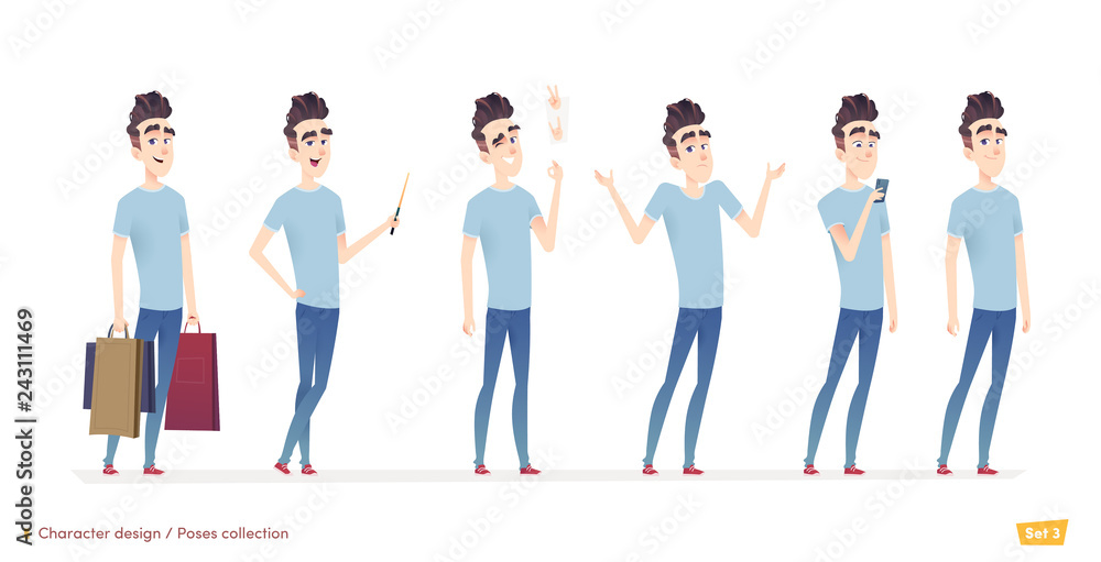 Young man character in different poses and situation. Modern flat ...