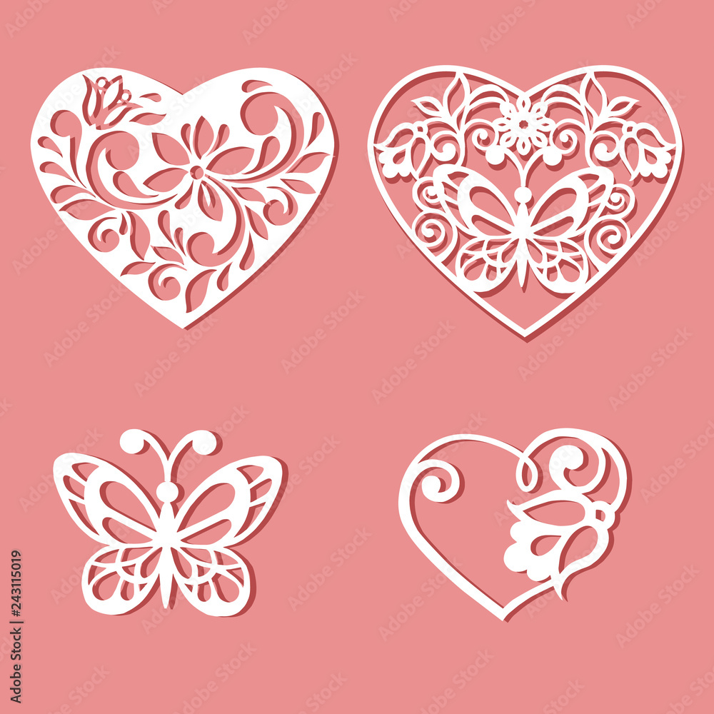 Set of laser cut hearts. Template for interior design, layouts wedding ...