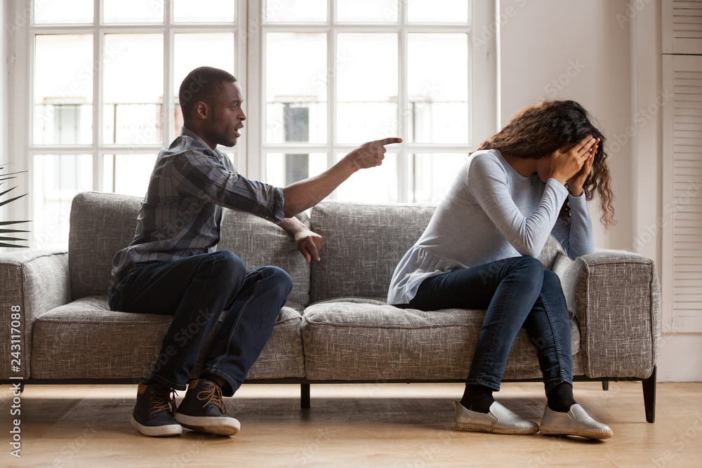 Angry Black Husband Arguing Yelling Blaming Upset Wife Of Problems