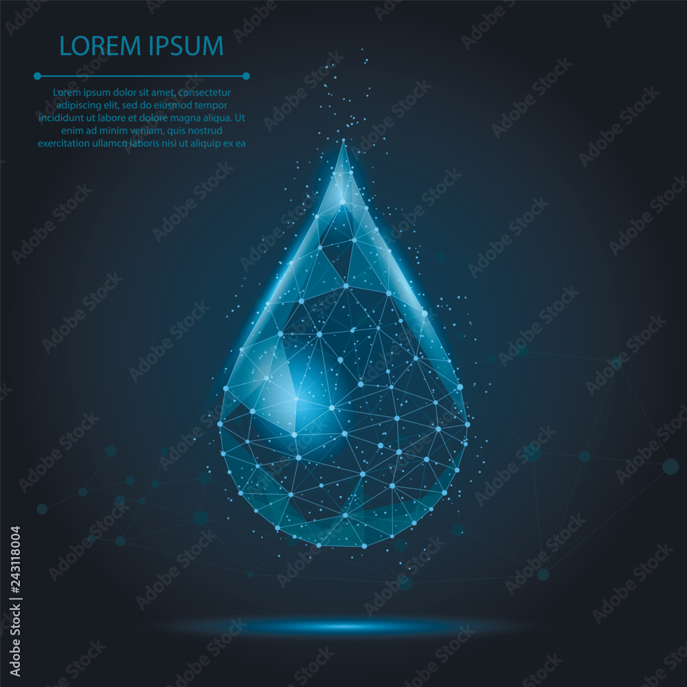 Low poly wireframe water drop with dots and stars. Fresh aqua or liquid ...