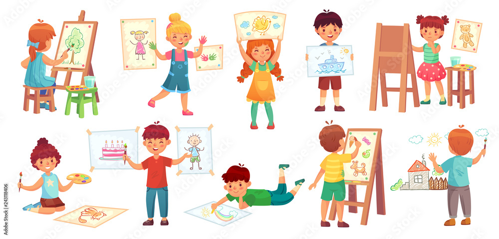 Drawing children. Kid illustrator, baby drawing play and draw kids ...