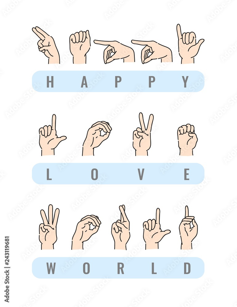 Vector deaf-mute alphabet with hand gestures set. Hand drawn mute ...