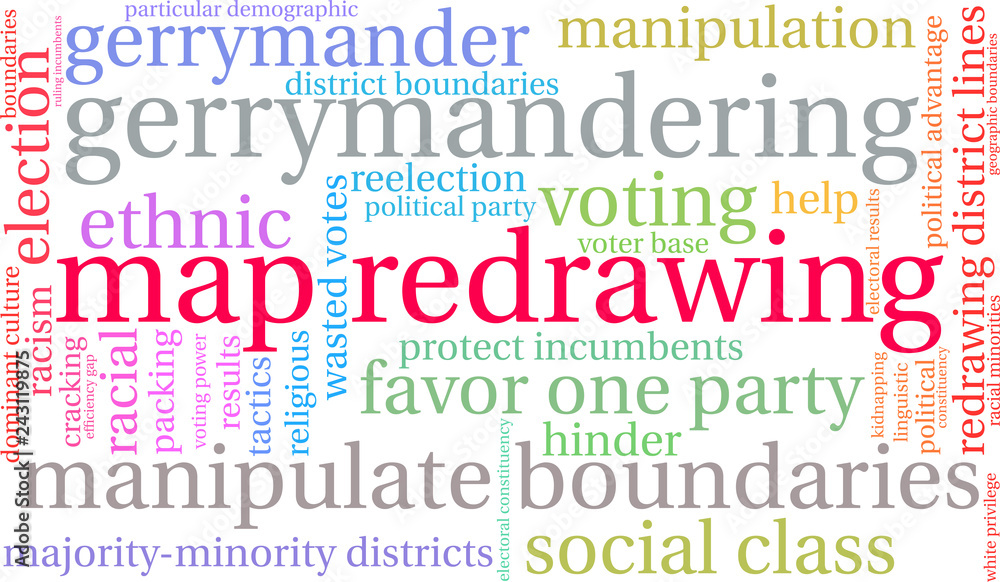 Map Redrawing for Gerrymandering Word Cloud on a white background ...