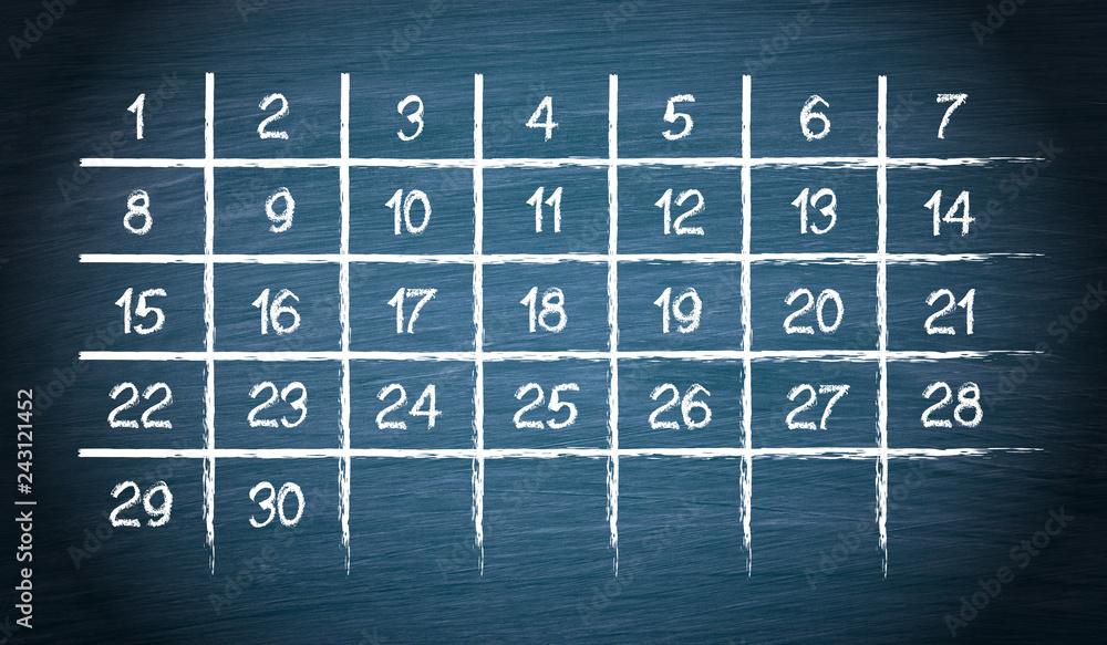 Monthly calendar with 30 days on blue chalkboard background Stock ...