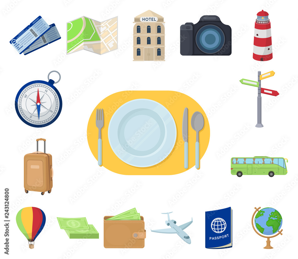 Rest and travel cartoon icons in set collection for design. Transport ...