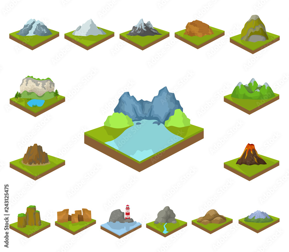 Mountains, massive cartoon icons in set collection for design. The ...