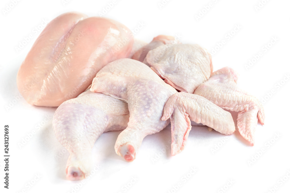 Raw chicken breast, fillets, legs, thighs and wings isolated on white ...