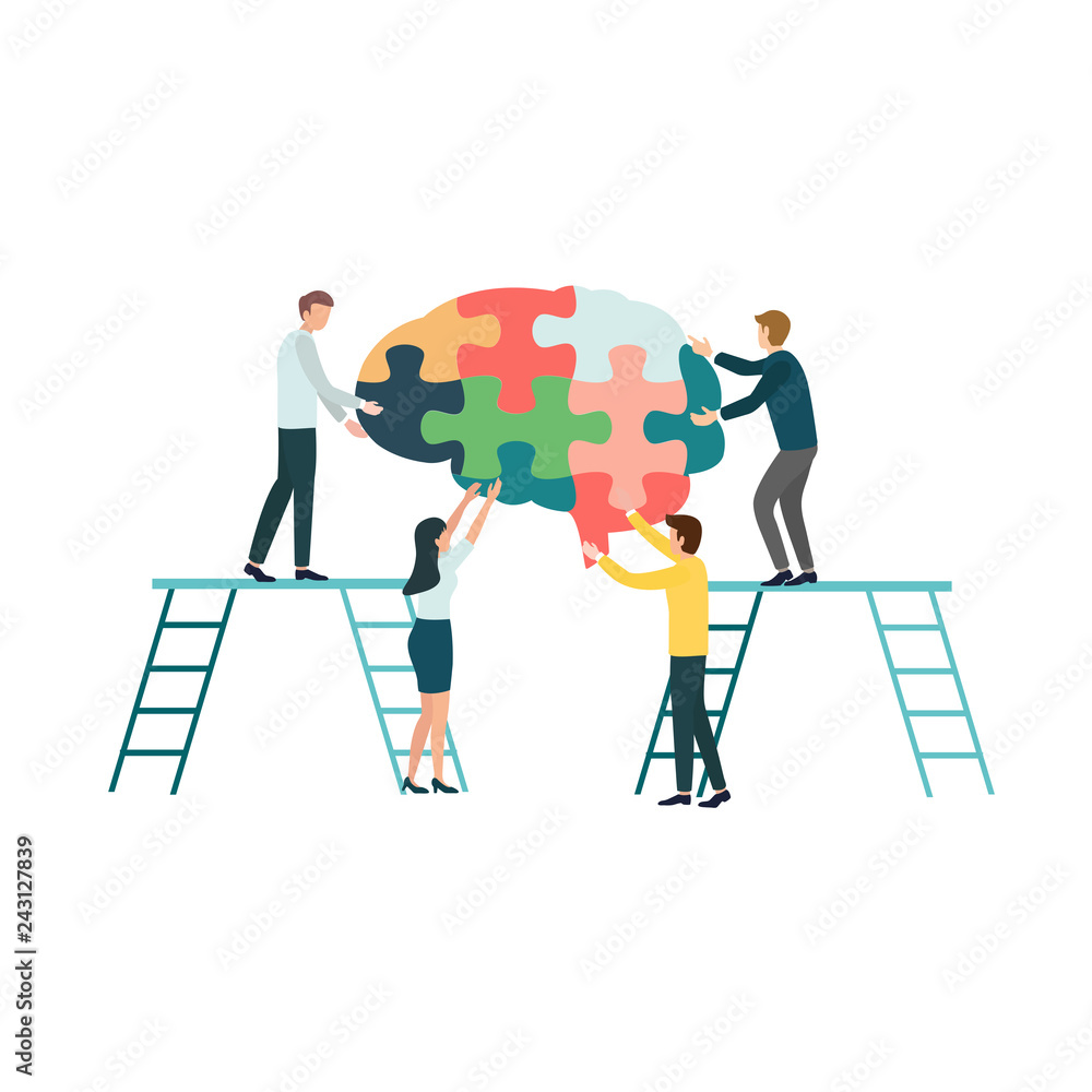 Teamwork group of people assembling a brain jigsaw puzzle. Concept for ...