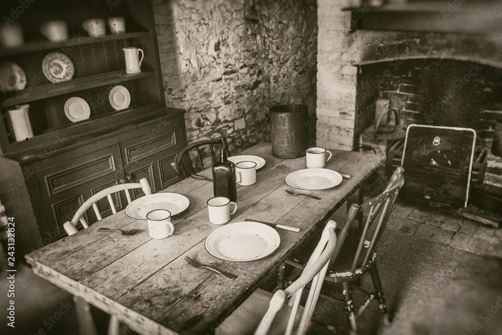 Poor peasants interior from 19th century, dining room with set wooden ...