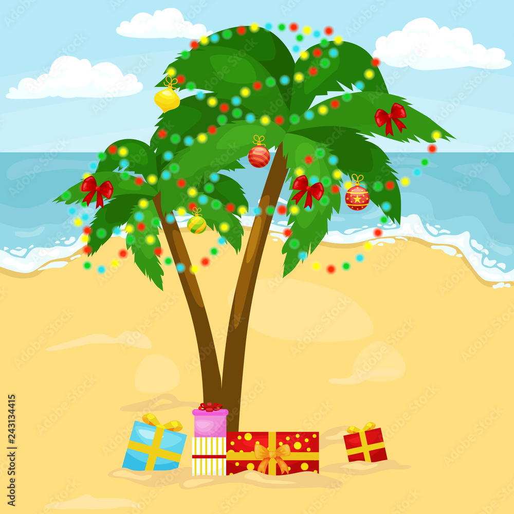 Cartoon picture of palm tree decorated with christmas lights Stock ...