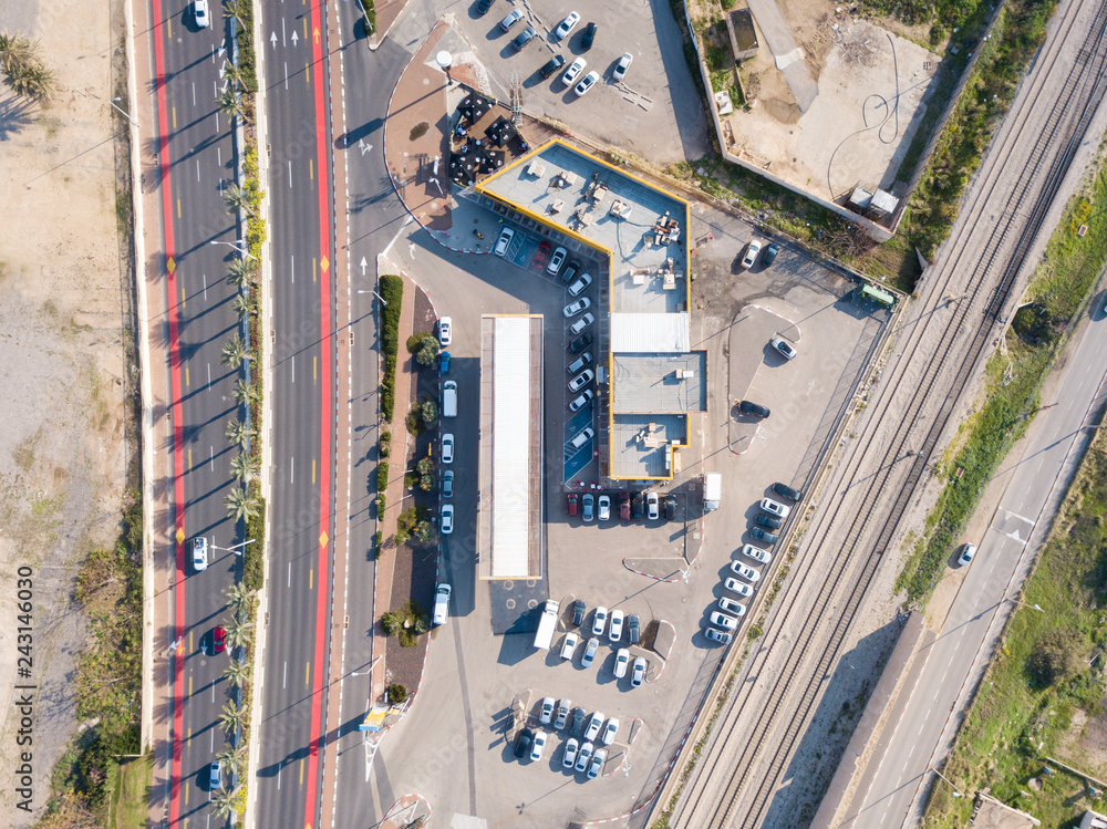 Gas station and Highway road - Top down aerial image. Stock Photo ...