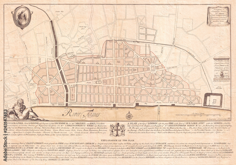 Old Map of London, England 1744, Wren Stock Illustration | Adobe Stock