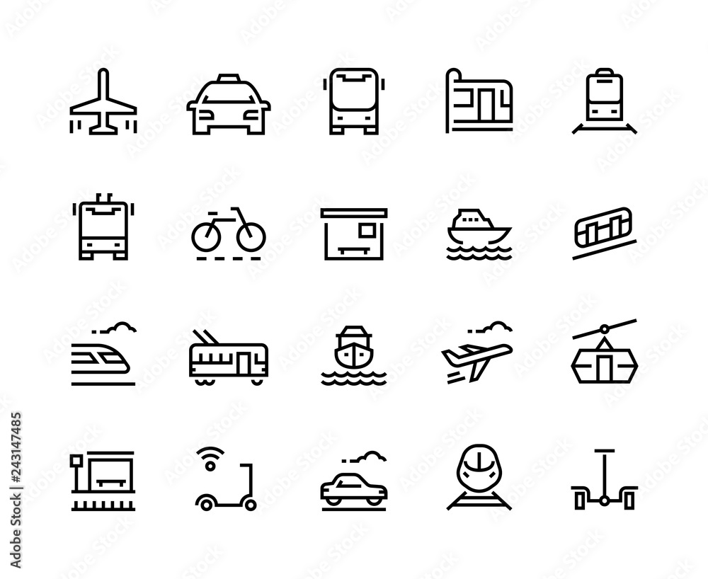 Transport line icons. Public bus car airplane train tram boat vehicle ...