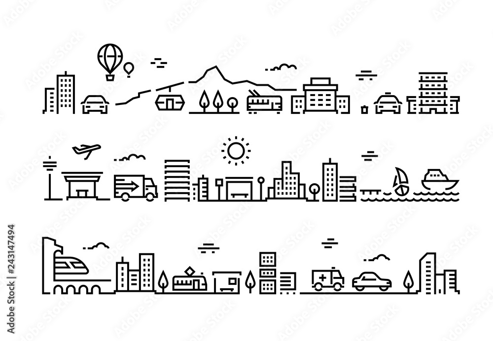 City line landscape. Office buildings urban house public environment ...