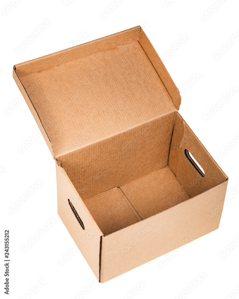 Cardboard archive storage box open lid isolated on white background ...