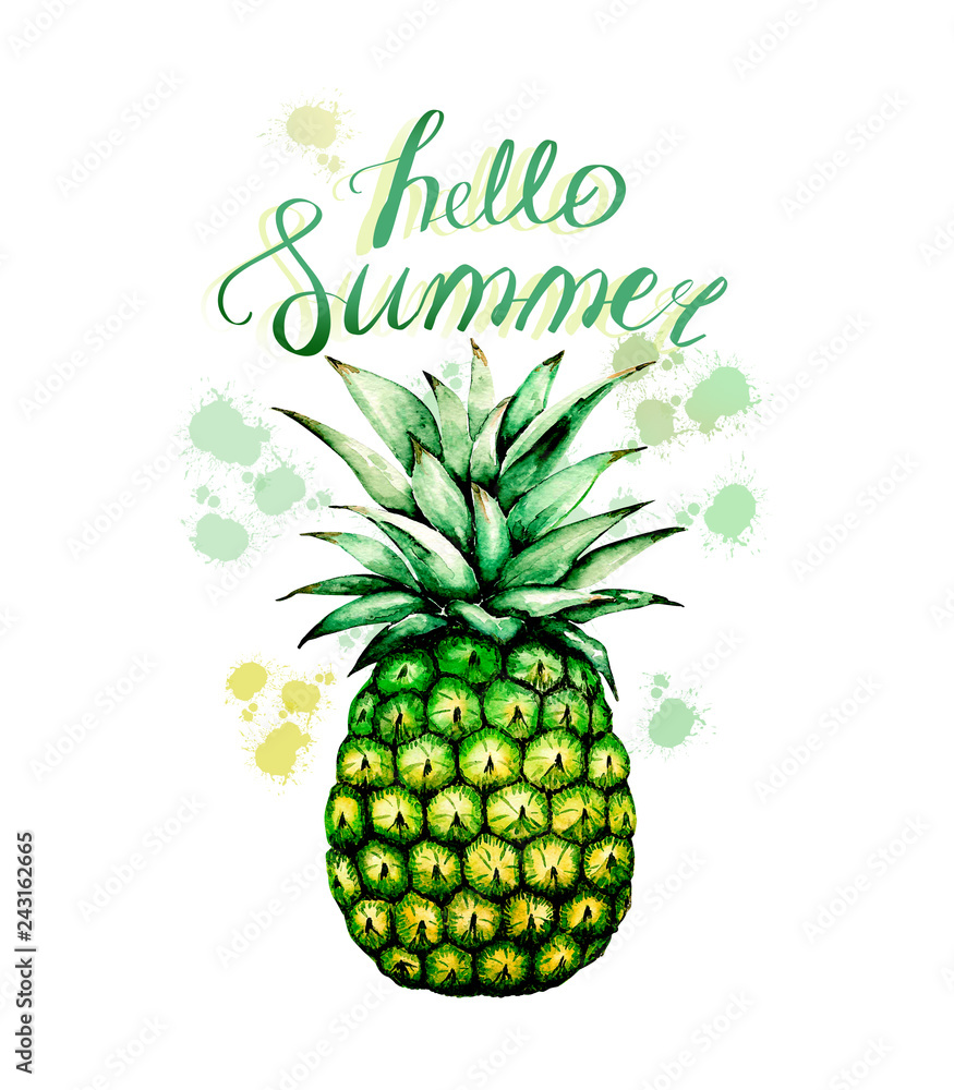 watercolor drawing yellow pineapple with splashes and an inscription ...