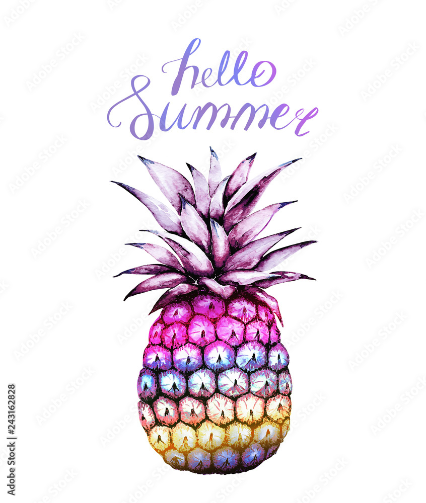 watercolor drawing colored pineapple with the words hello summer Stock ...