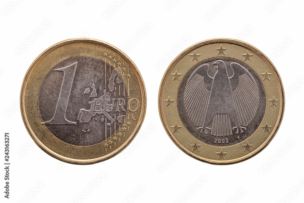 One Euro coin of Germany dated 2002 which shows the German eagle on the ...