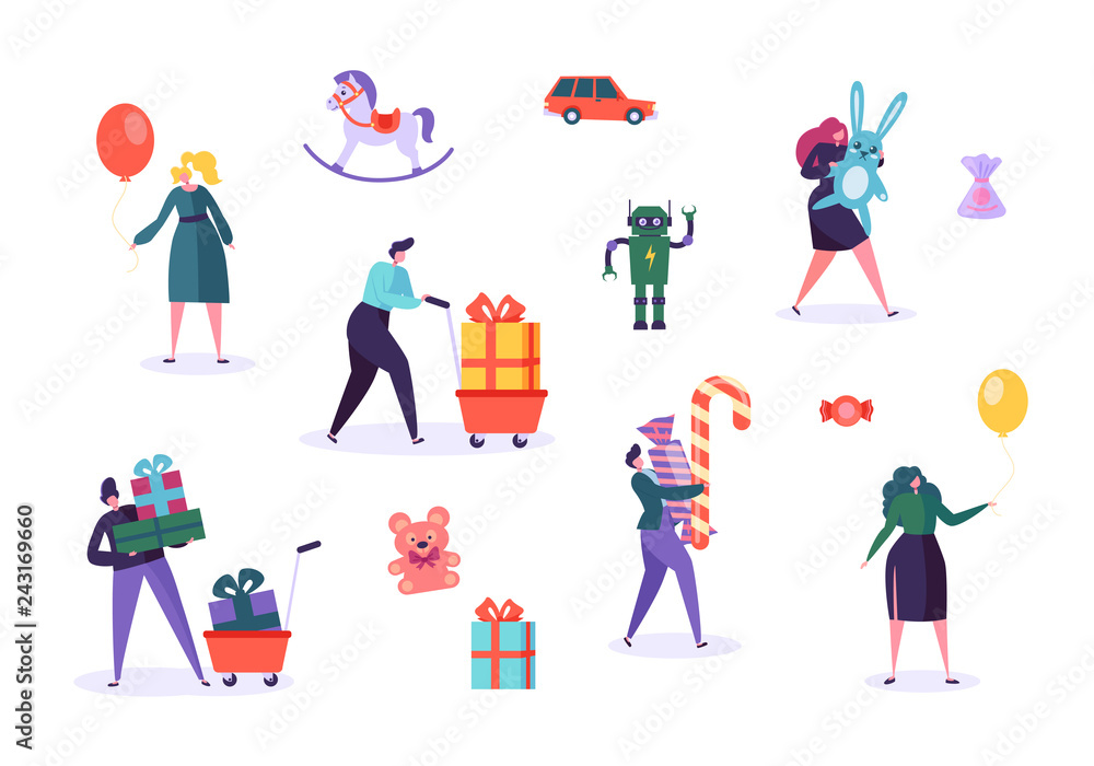 Toy Gift Box Character Set. People Hold Bear, Robot for Children ...