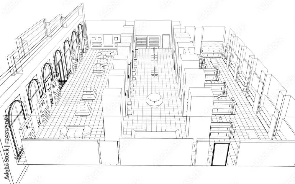 shop, mall, shopping mall, contour visualization, 3D illustration ...