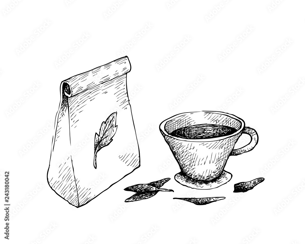 Illustration Hand Drawn Sketch of Tea Bag and Cup. Tea Is A Highly ...