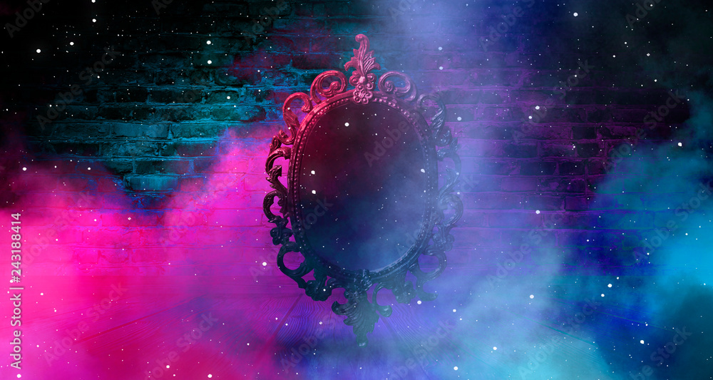 Mirror magical, fortune telling and fulfillment of desires. Brick wall ...