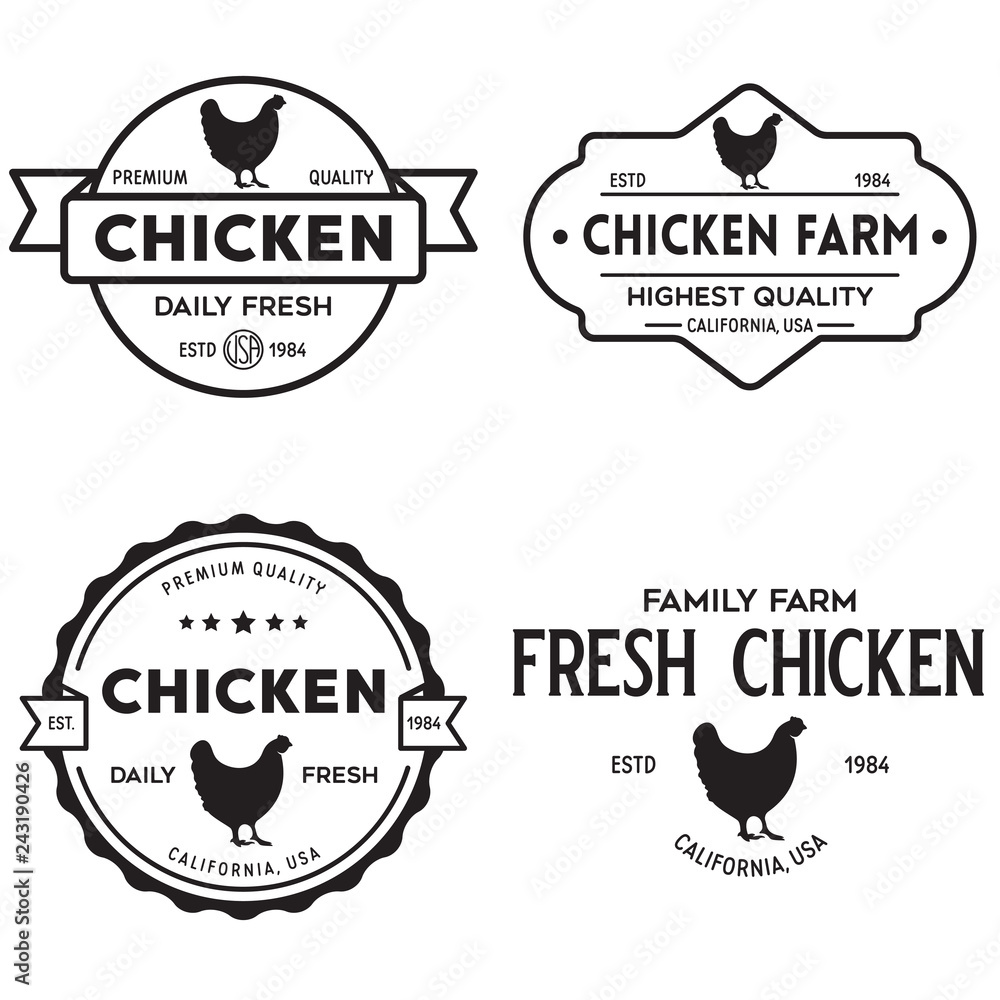 Set of chicken logo, retro print, poster for Butchery meat shop, farm ...