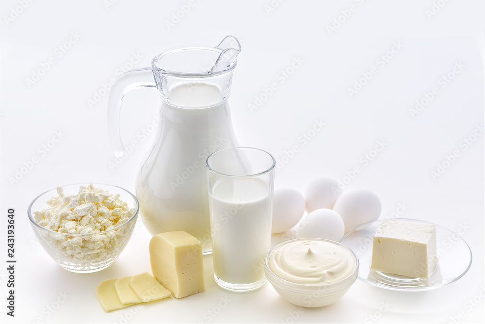 Milk, cottage cheese, sour cream, cheese, butter, eggs, still life from ...