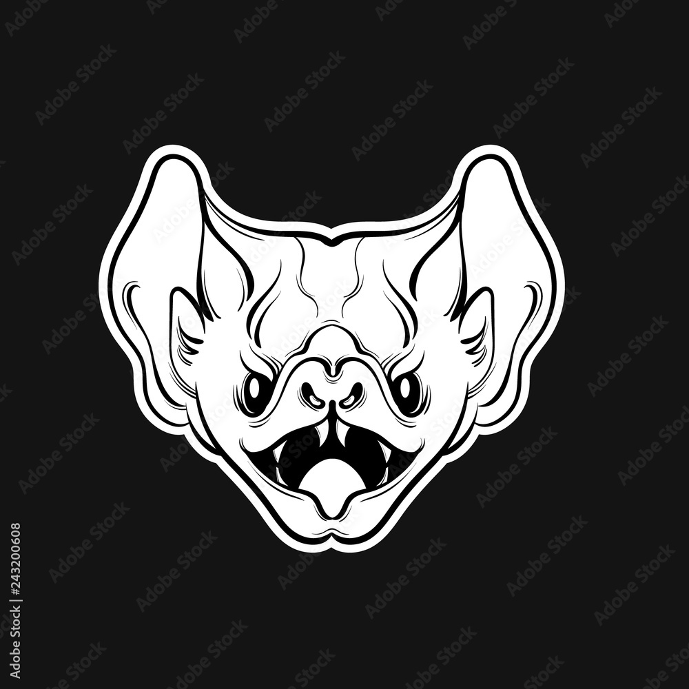 Vector illustration of angry bat with fangs in hand drawn line style ...