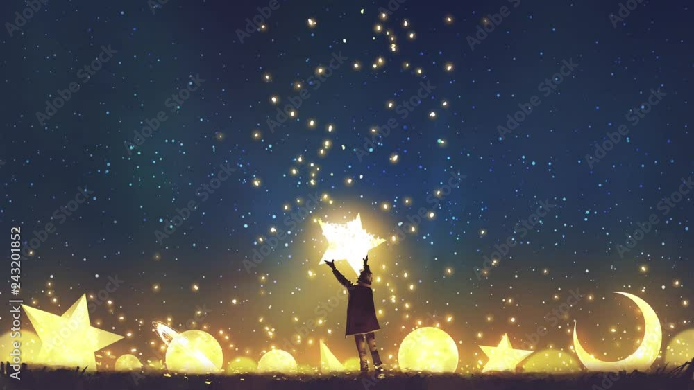 Motion painting, reach out for the stars, young boy standing among ...