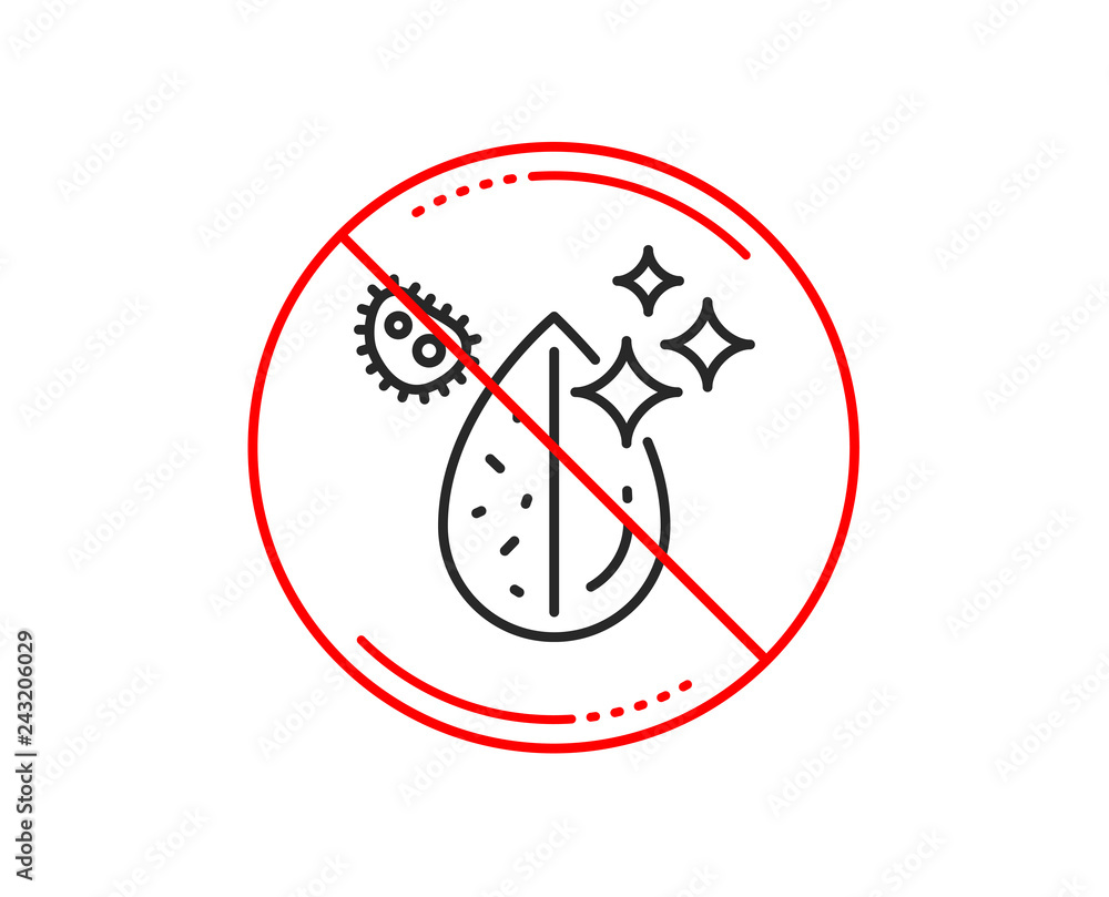 No or stop sign. Dirty water drop line icon. Clean filter aqua sign ...