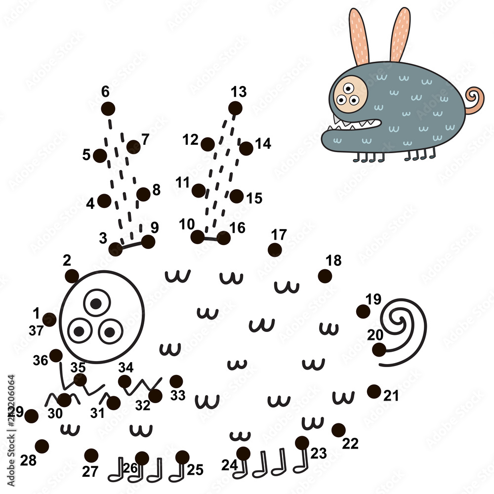 Connect the dots and draw a cute monster. Numbers game for children ...