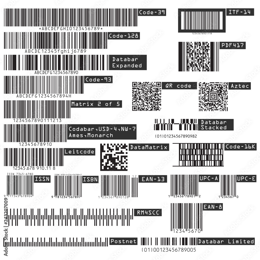 Business Universal product QR code and barcode types isolated on white ... Business Universal product QR code and barcode types isolated on white ...