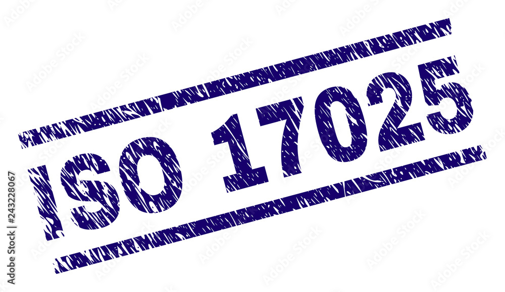 ISO 17025 seal watermark with scratced style. Blue vector rubber print ...