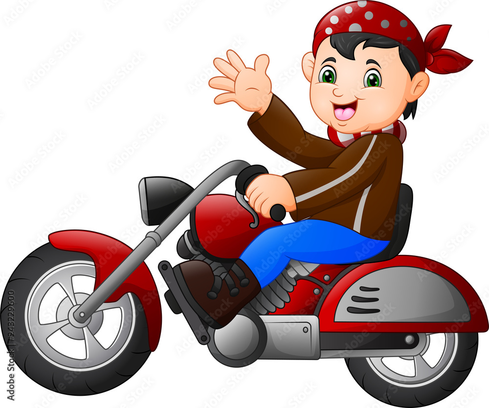 Cartoon boy funny riding a motorcycle Stock Vector | Adobe Stock