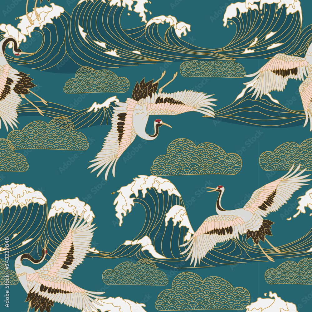 japanese storks in vintage style on Blue background. Oriental ...