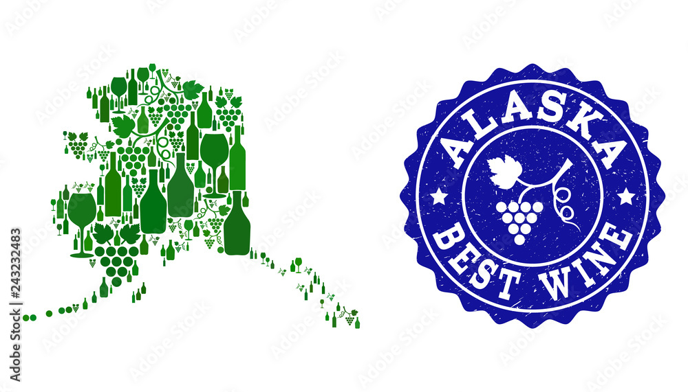 Vector collage of wine map of Alaska State and best grape wine grunge ...