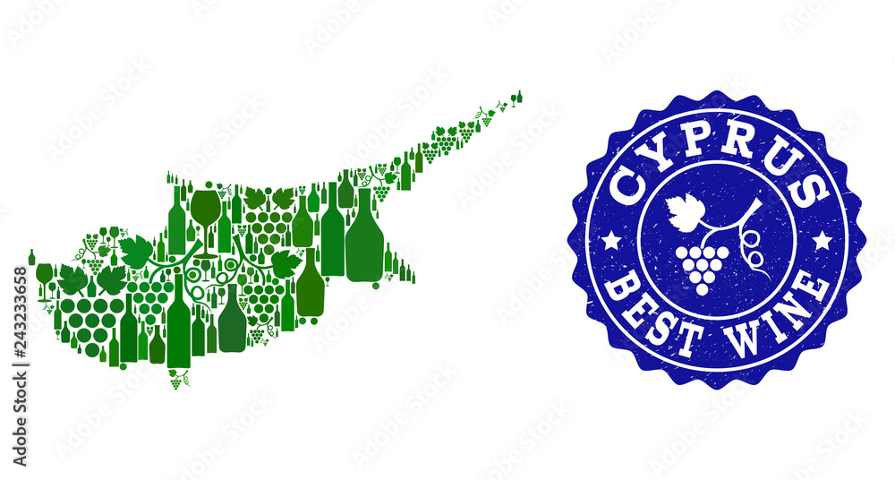 Vector collage of wine map of Cyprus Island and best grape wine grunge ...