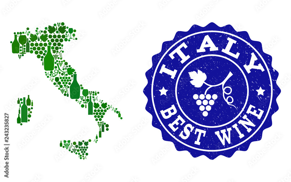 Vector collage of wine map of Italy and best grape wine grunge seal ...