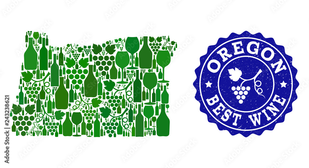 Vector composition of wine map of Oregon State and best grape wine ...