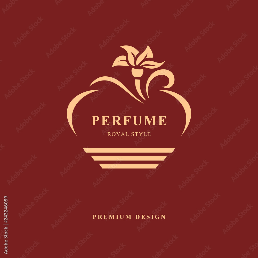 Design of Bottle perfume. Monogram flower elements, graceful template ...