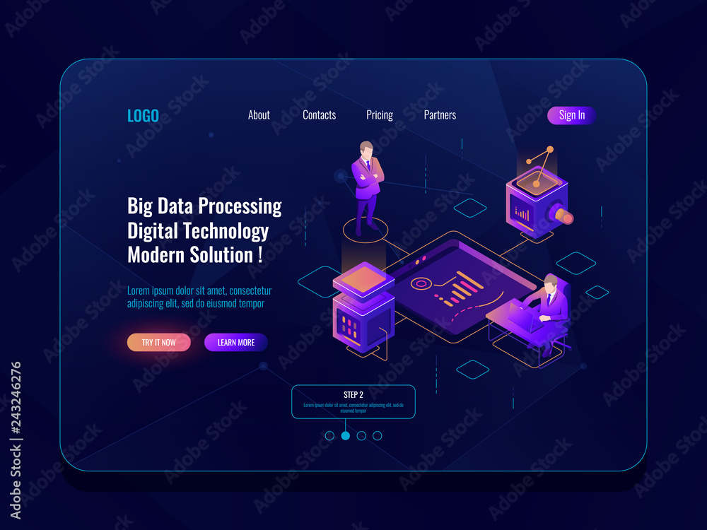 Data visualization concept isometric banner, data analysis, datacenter ...