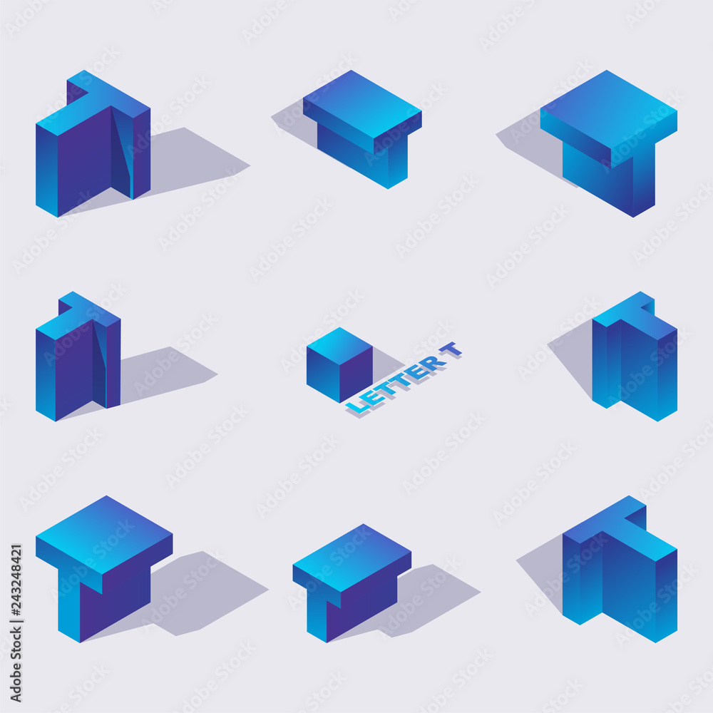 Vector collection with isometric 3d blue letters T or Te of cyrillic ...