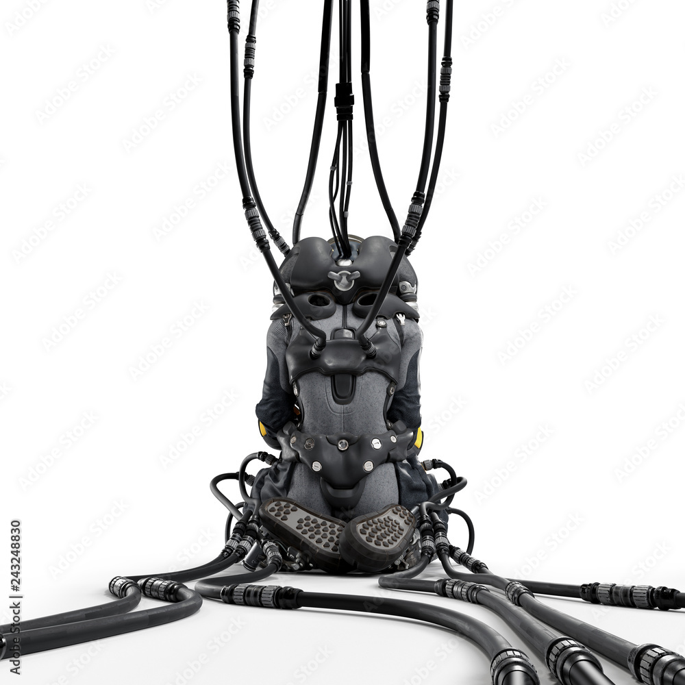 Diving deep into virtual reality. A young girl is sitting on the floor ...