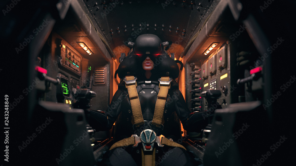 Frontal view of a female pilot sitting in the cockpit. Mech Pilot with ...