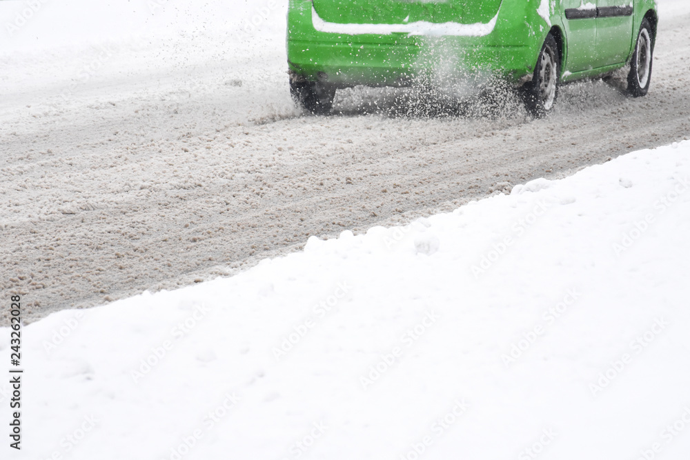 Driving a car in the winter with snow on the road. Concept of driving ...