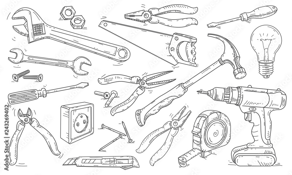 Vector line drawing icons, different tools for repairs around the house ...