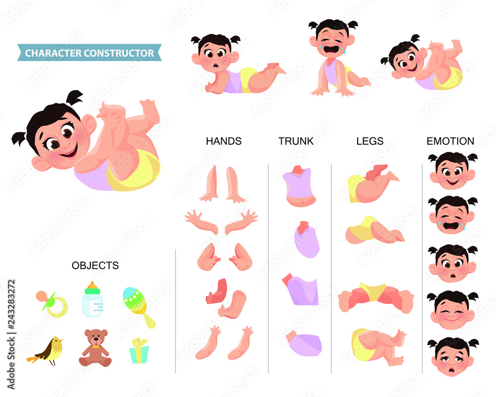 Creation of cartoon character baby boy set with haircuts emotions legs ...