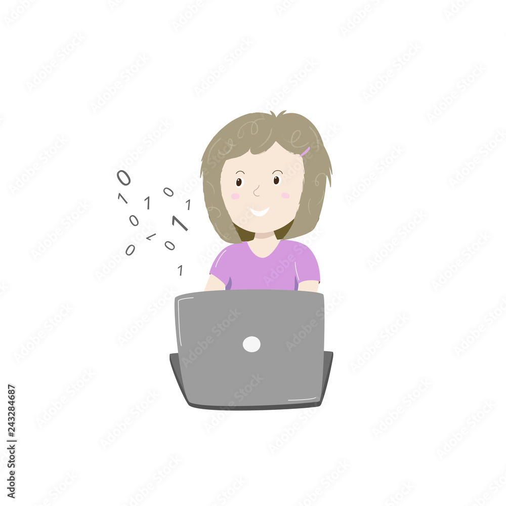 Kids coding. Happy little girl learning coding with her laptop. Vector ...