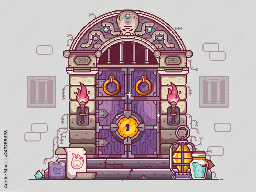 Plakat Rpg dungeon door with burning torches and golden door knob ...